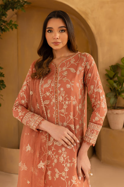 Peach Glam 3Pc - Embroidered Khaddar Dress | BATIK UK
