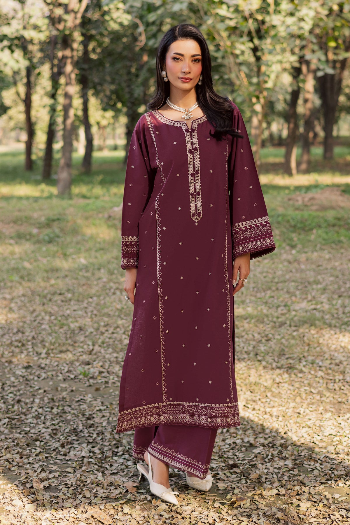 Deep Mauve 2Pc - Embroidered Khaddar Dress | BATIK UK